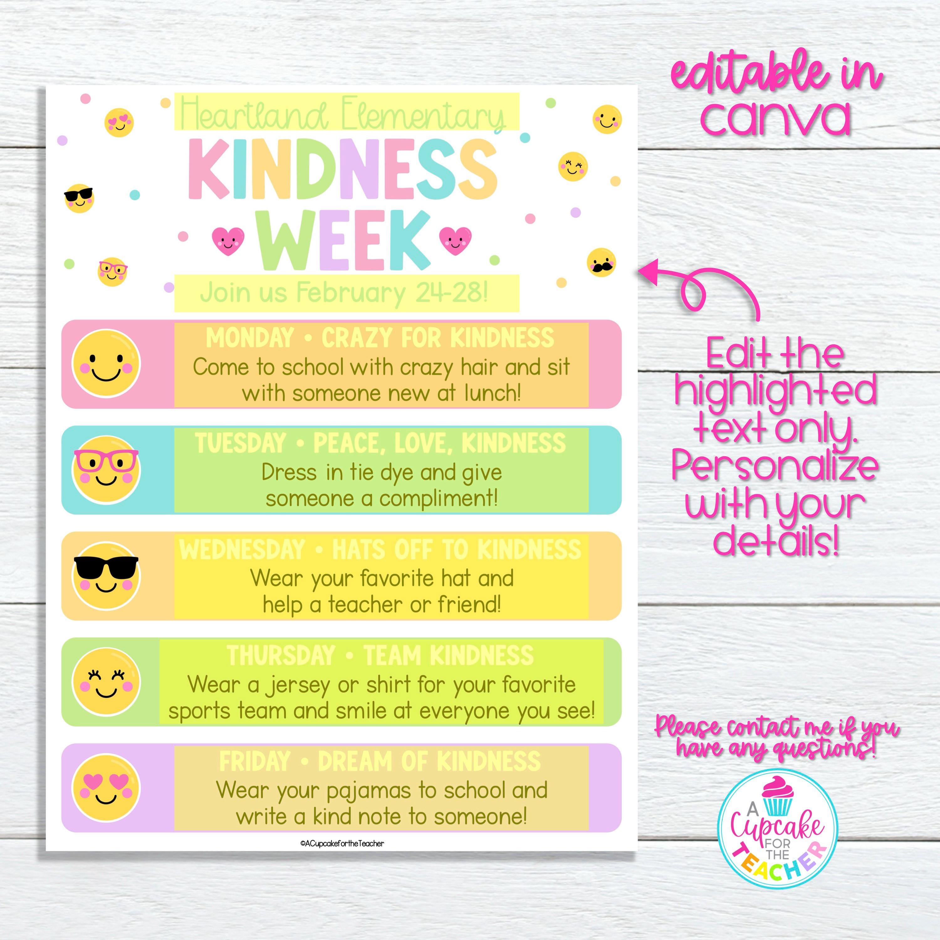 Kindness Spirit Week Flyer Template | Editable Kindness Week Activities ...