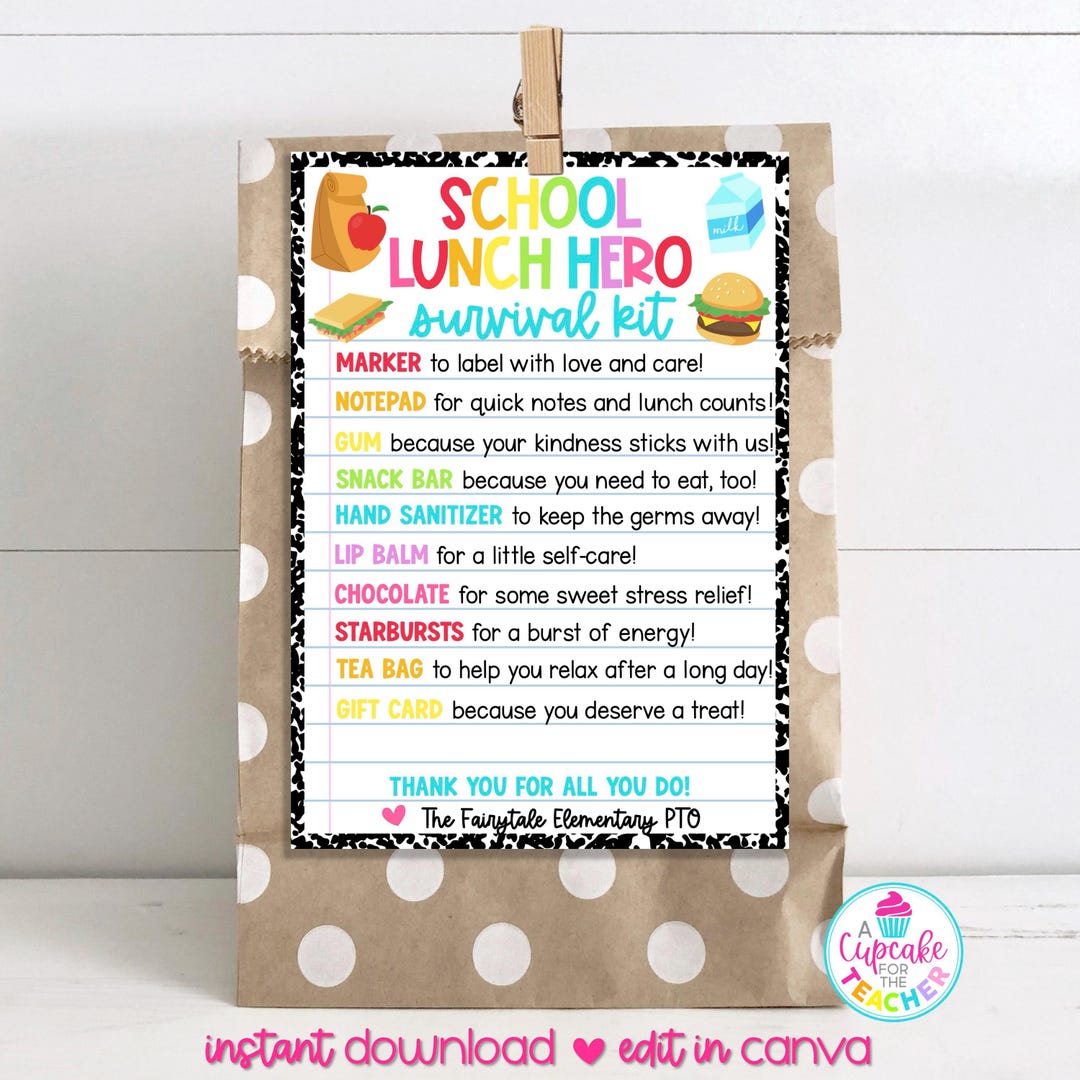 School Lunch Hero Survival Kit Bag Tag Template | Editable School Lunch ...