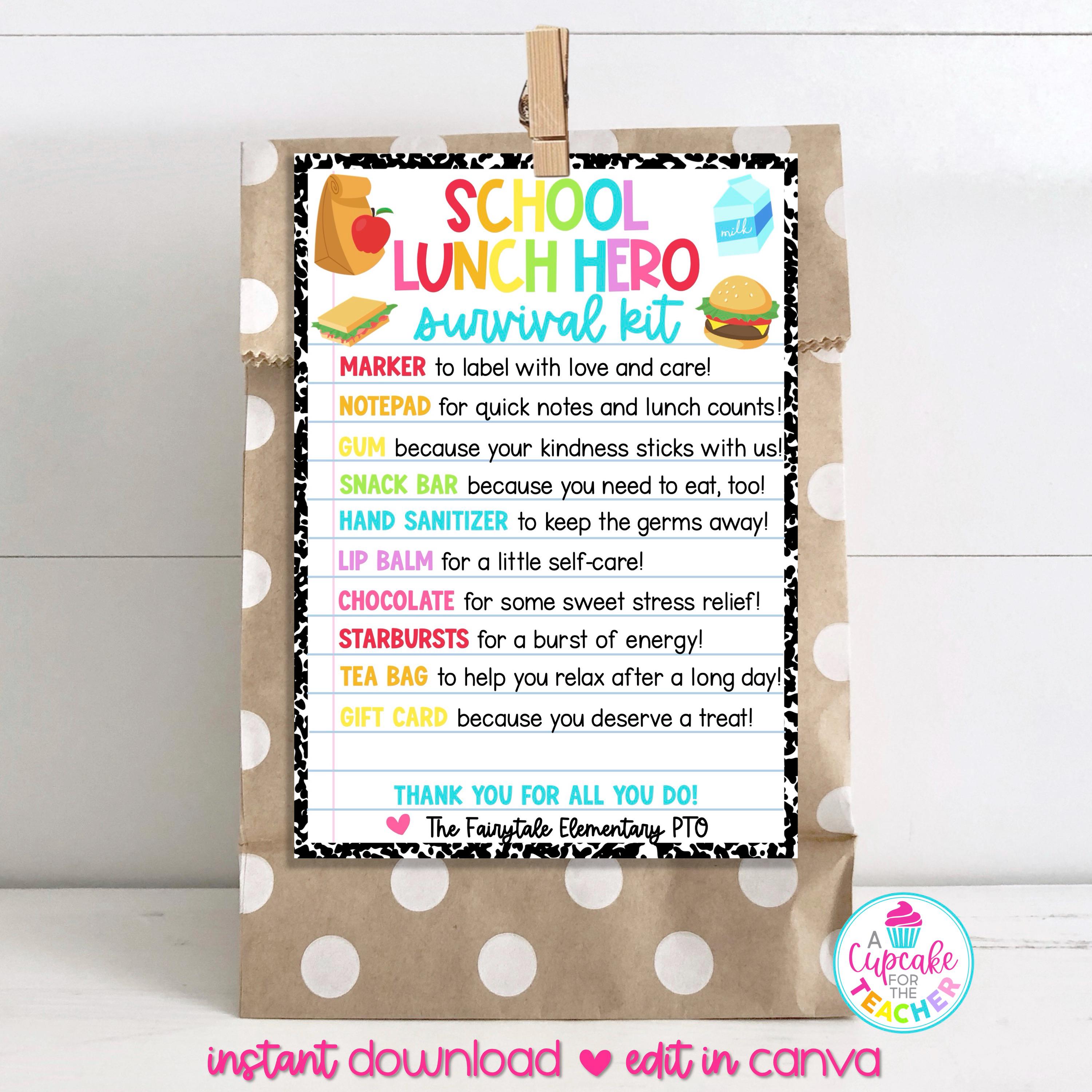 School Lunch Hero Survival Kit Bag Tag Template | Editable School Lunch ...
