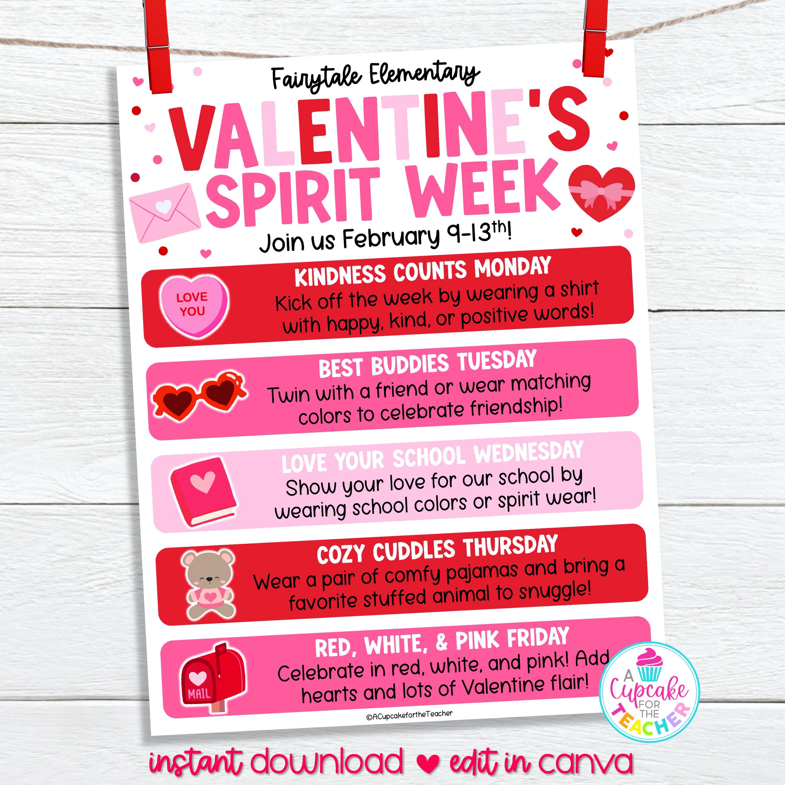 Valentine's Day Spirit Week Flyer Template | Editable Valentine Dress ...