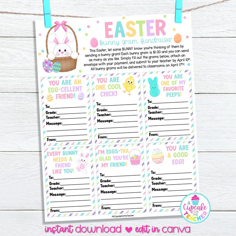Easter Bunny Candy Gram Template | PTO School Candy Gram Fundraiser ...