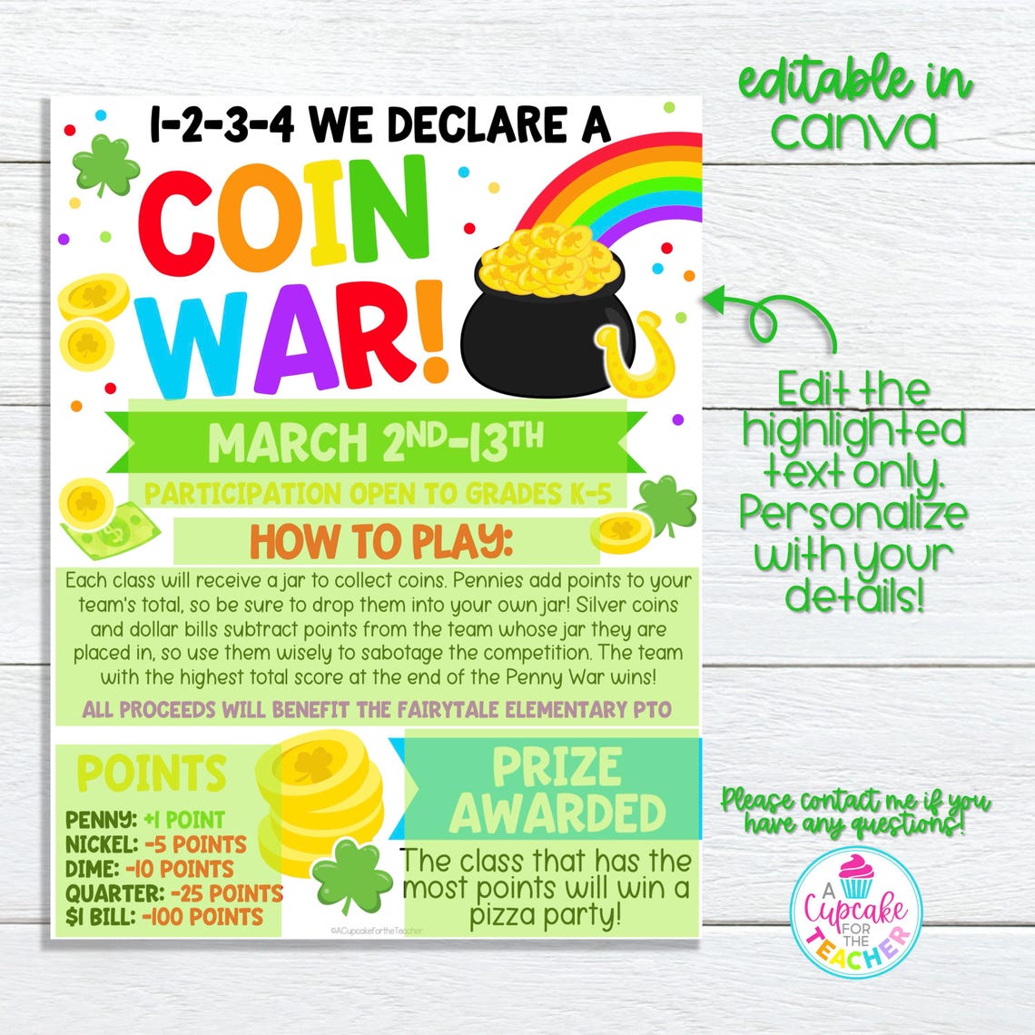 St. Patrick's Day Coin War Fundraiser Flyer Template | Editable PTO PTA ...