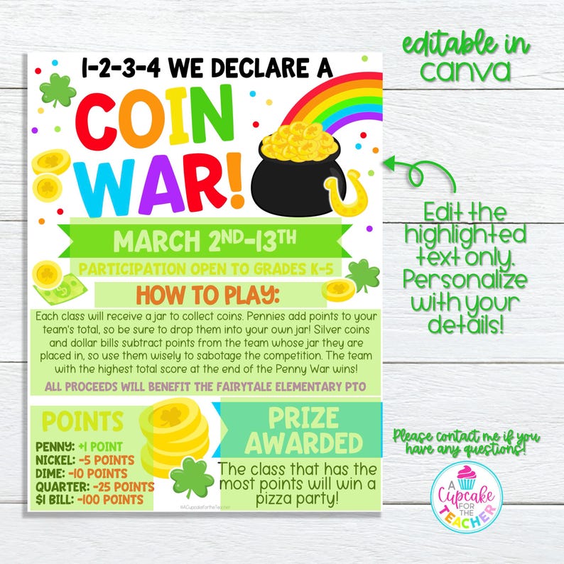 St. Patrick's Day Coin War Fundraiser Flyer Template | Editable PTO PTA ...