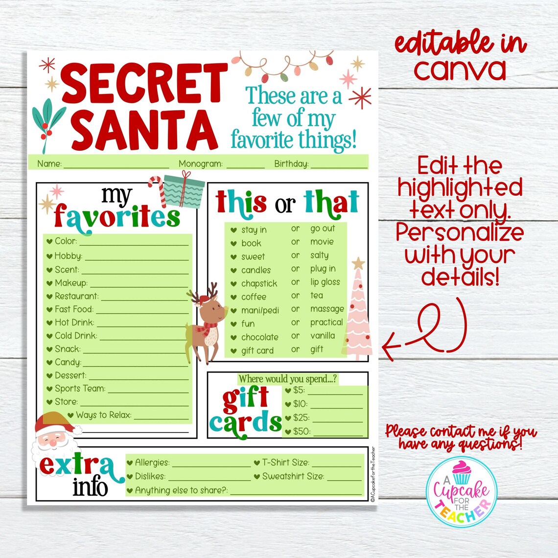 Secret Santa Questionnaire, Wishlist, and Flyer | Editable Favorite ...