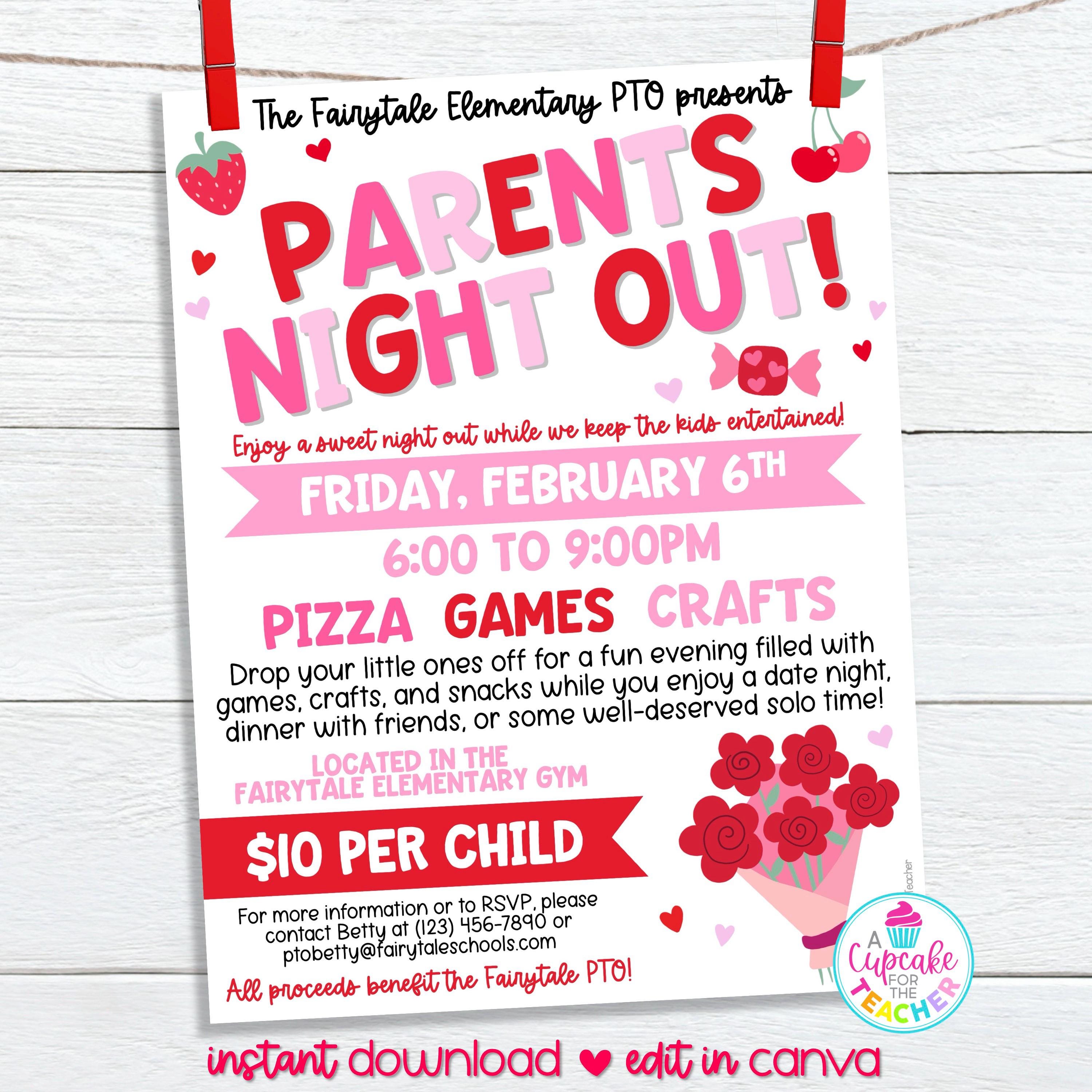 Valentine’s Day Parents Night Out Flyer | Editable School Date Night ...