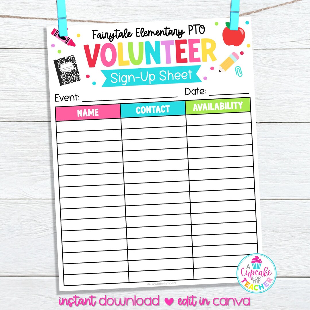 Editable PTO Volunteer Sign-up Sheet Template | Back to School PTO PTA ...