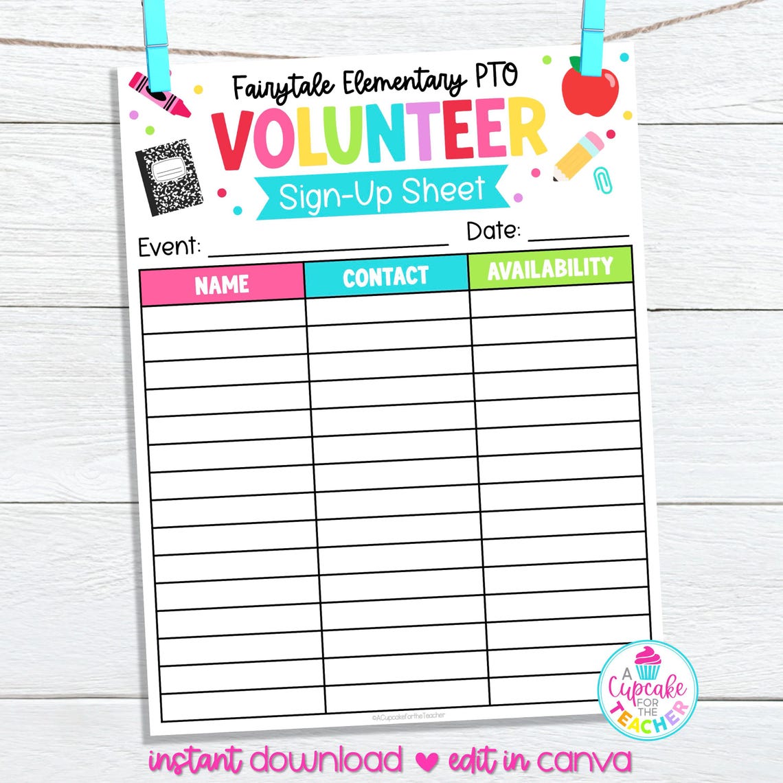 Editable PTO Volunteer Sign-up Sheet Template | Back to School PTO PTA ...