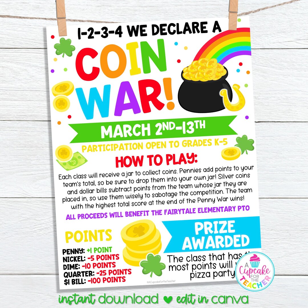 St. Patrick's Day Coin War Fundraiser Flyer Template | Editable PTO PTA ...