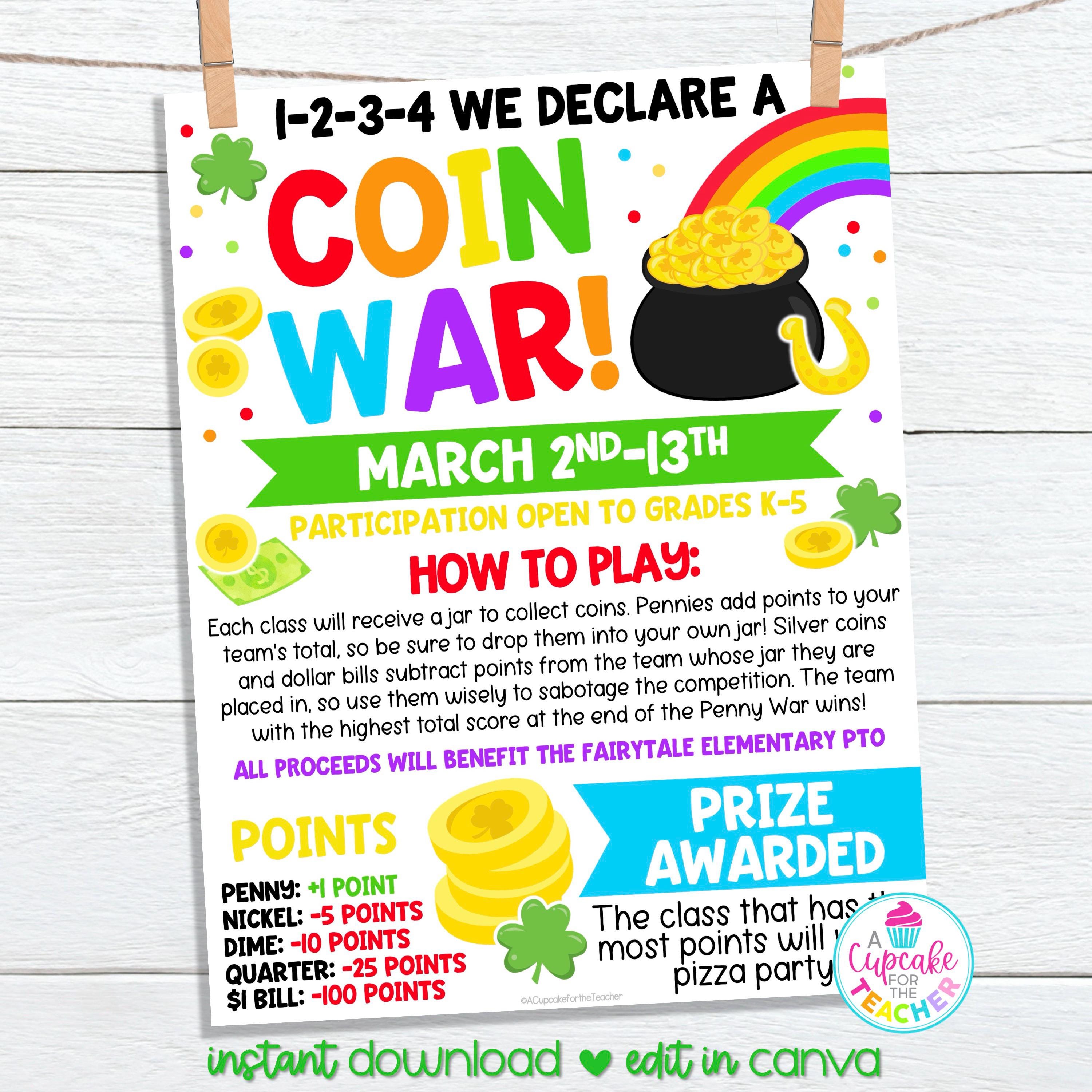 St. Patrick's Day Coin War Fundraiser Flyer Template | Editable PTO PTA ...