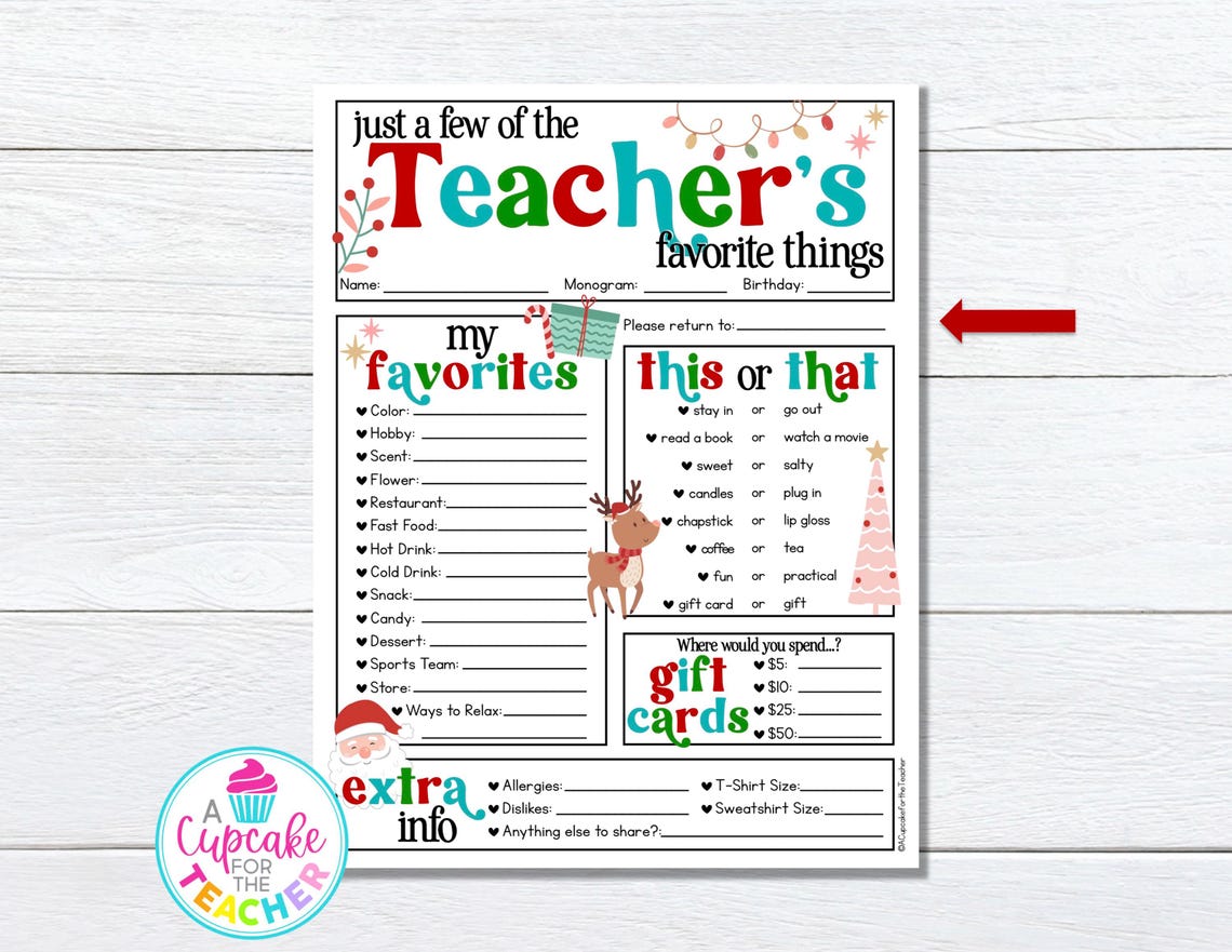 A Few of My Favorite Things Teacher Questionnaire | Teacher Christmas ...