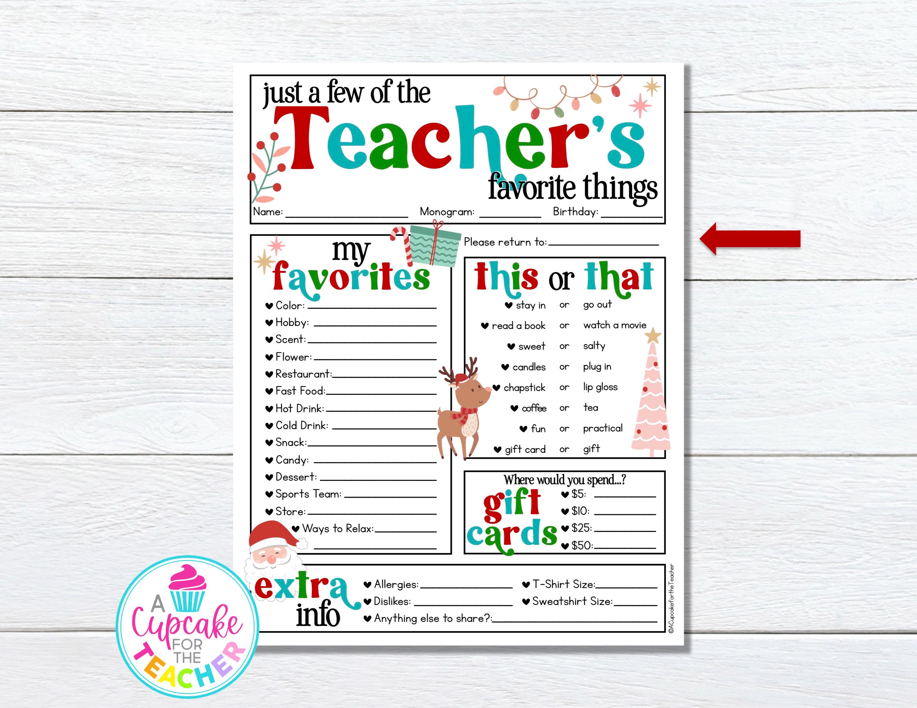 A Few of My Favorite Things Teacher Questionnaire | Teacher Christmas ...