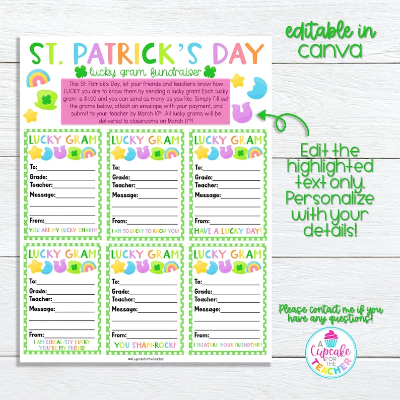 St. Patrick's Day Lucky Gram Template | PTO School Candy Gram ...
