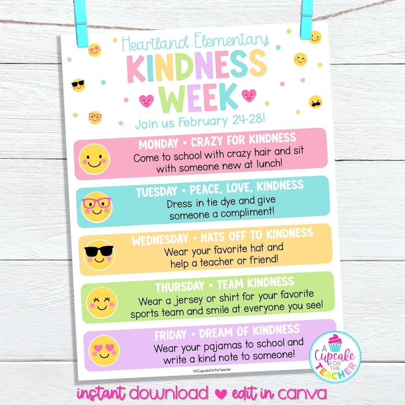 Kindness Spirit Week Flyer Template | Editable Kindness Week Activities ...