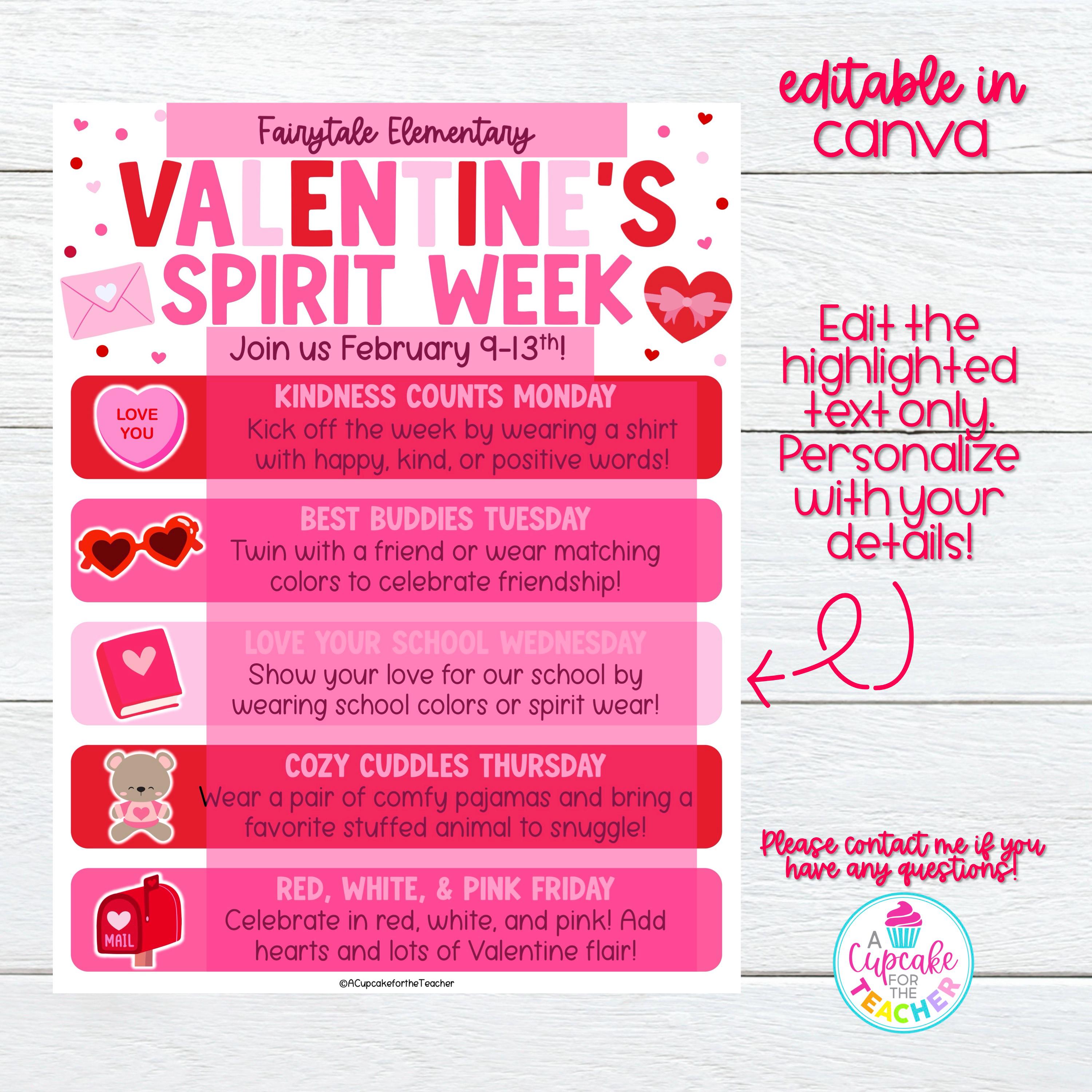 Valentine's Day Spirit Week Flyer Template | Editable Valentine Dress ...