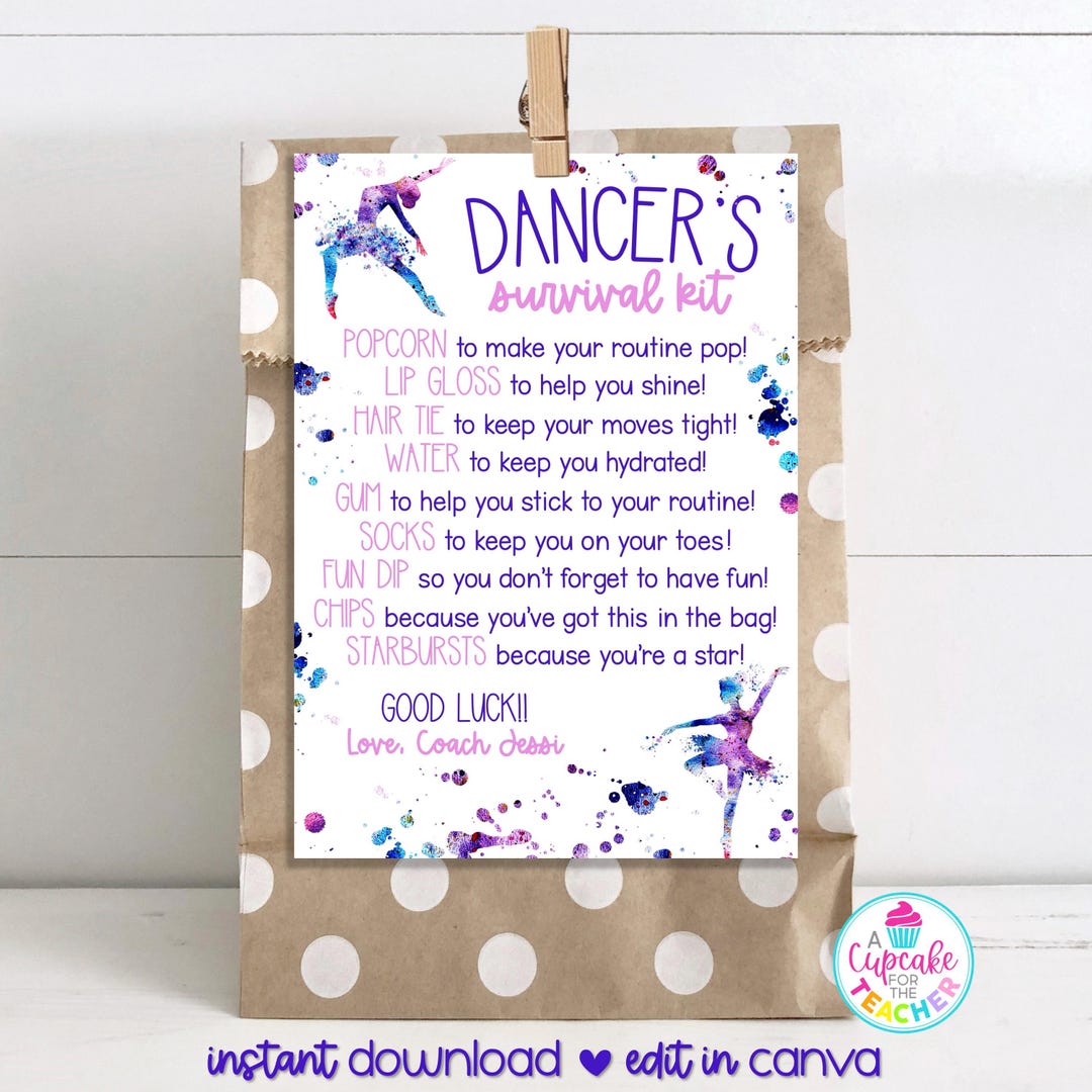 Dance Survival Kit Bag Tag Template | Editable Dancer Gift Tag | Dance ...