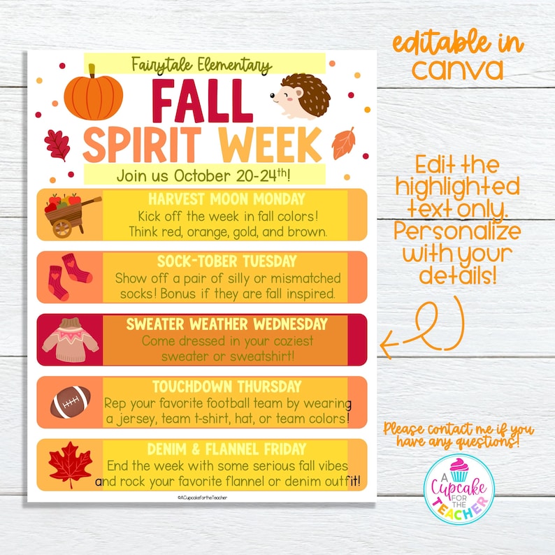 Fall School Spirit Week Flyer Template | Editable Fall Autumn Themed ...