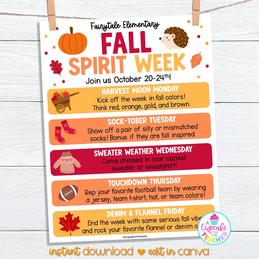 Fall School Spirit Week Flyer Template | Editable Fall Autumn Themed ...