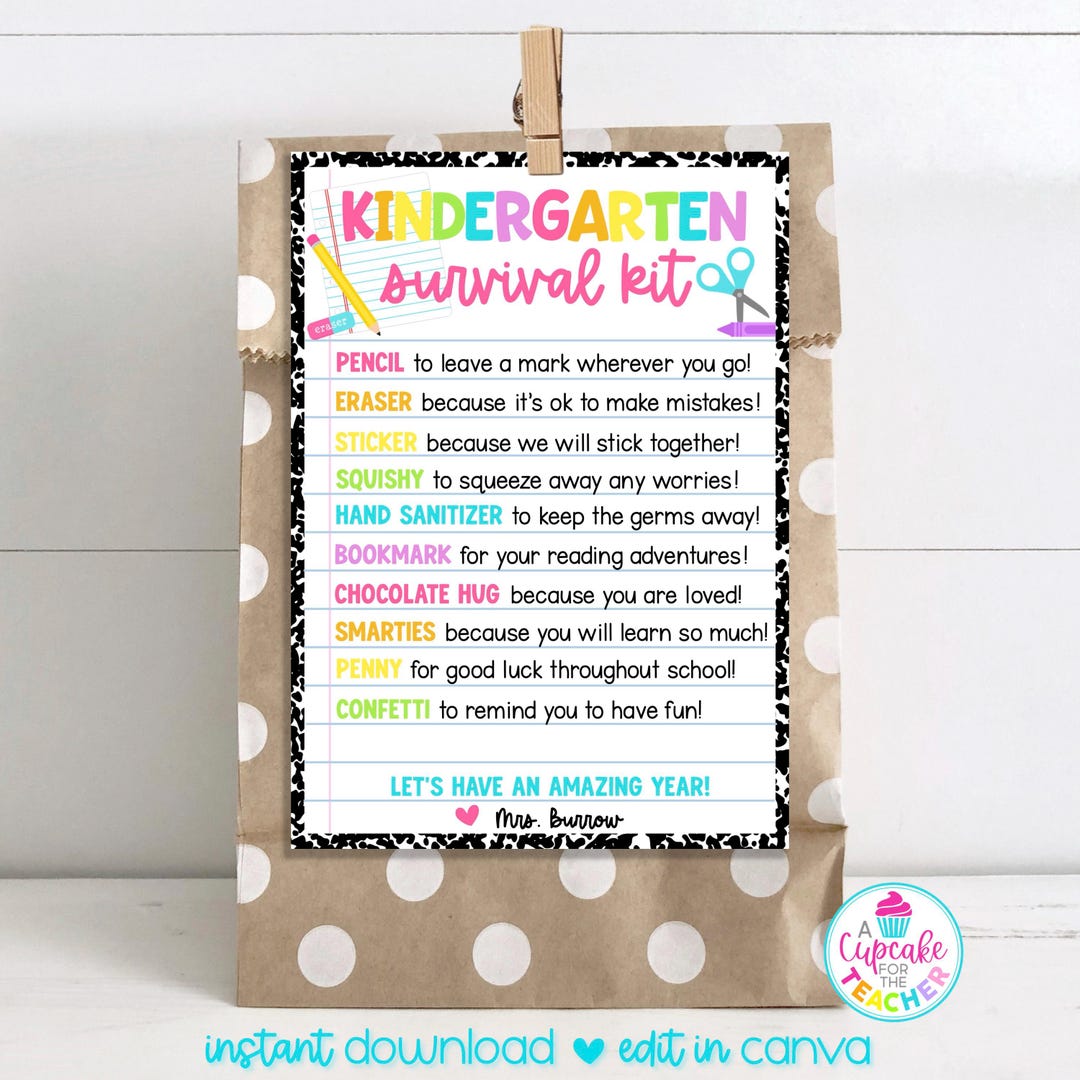 Kindergarten Survival Kit Bag Tag Template | Editable First Day of ...