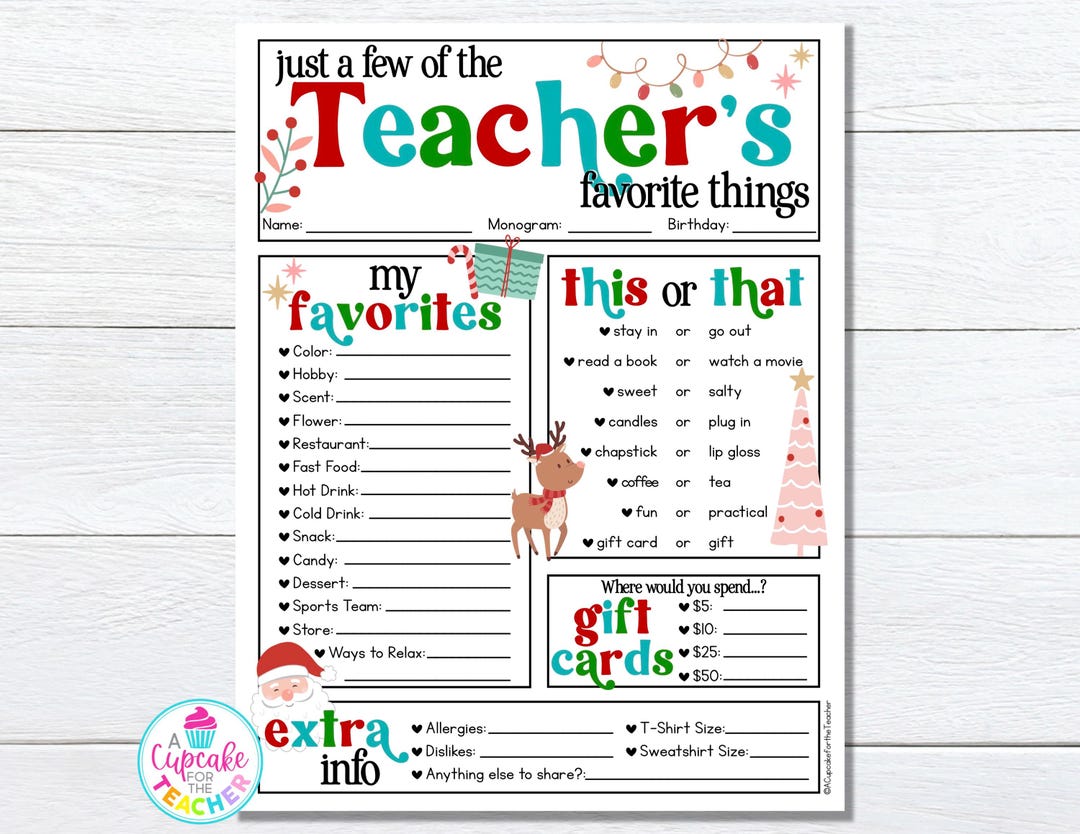 A Few of My Favorite Things Teacher Questionnaire | Teacher Christmas ...