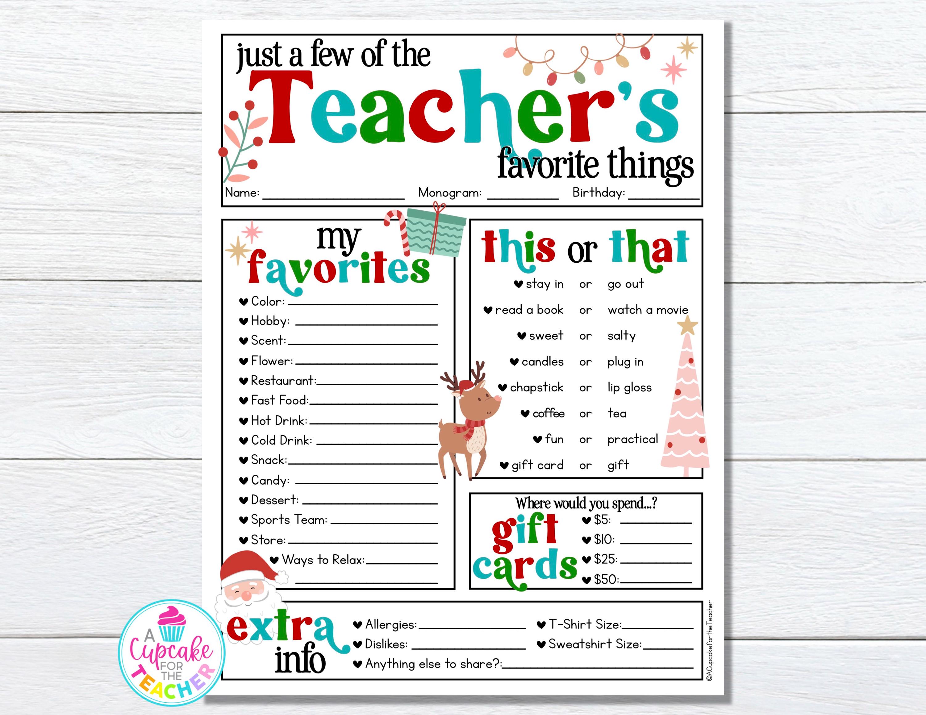 A Few of My Favorite Things Teacher Questionnaire | Teacher Christmas ...