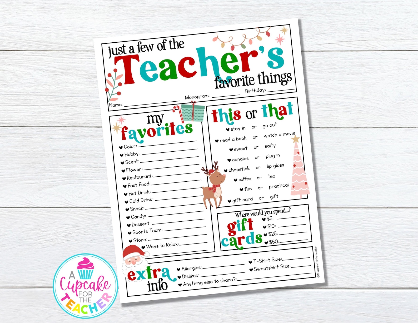 A Few of My Favorite Things Teacher Questionnaire | Teacher Christmas ...