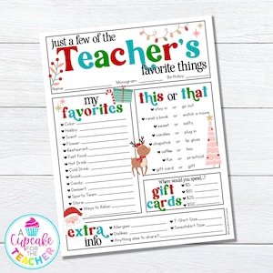 A Few of My Favorite Things Teacher Questionnaire | Teacher Christmas ...