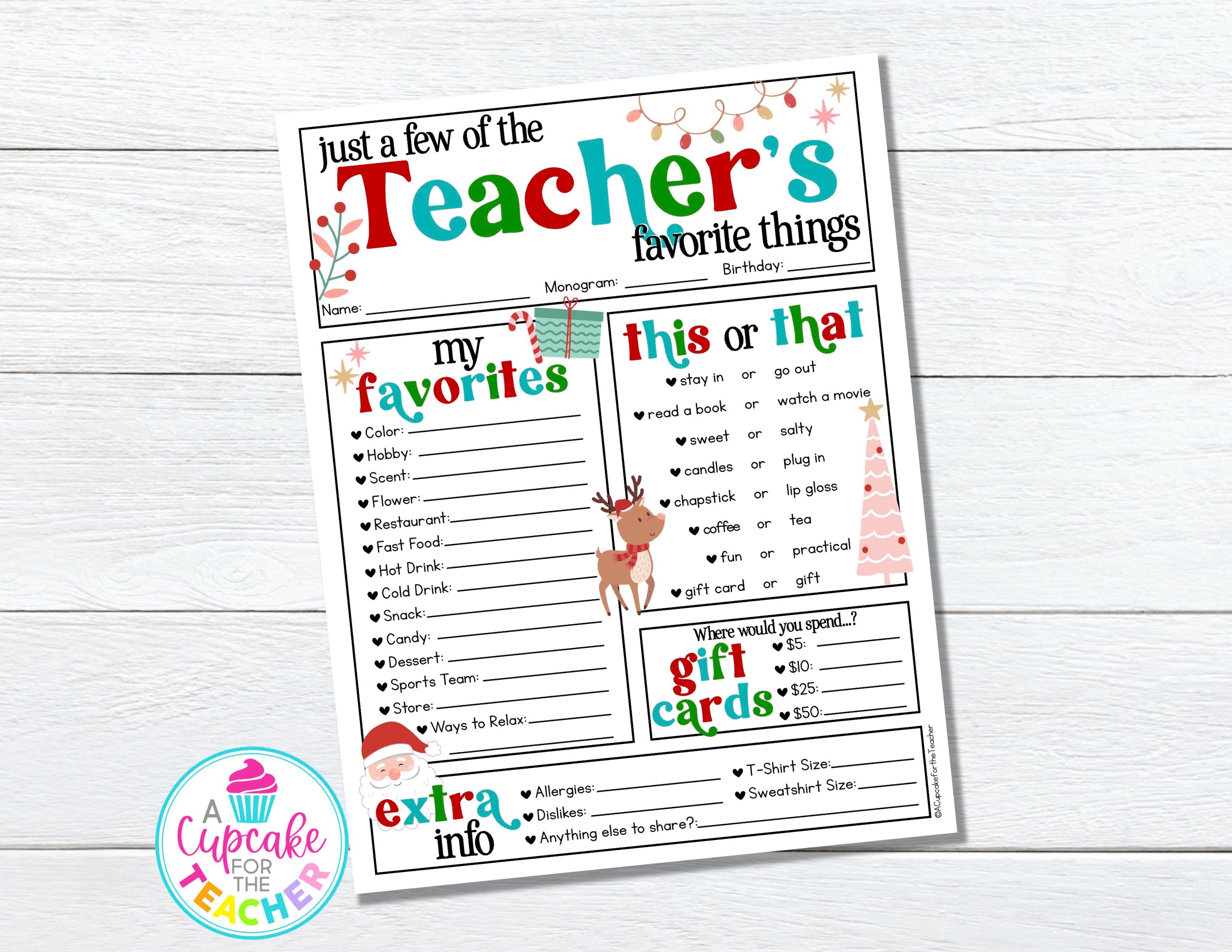 A Few of My Favorite Things Teacher Questionnaire | Teacher Christmas ...