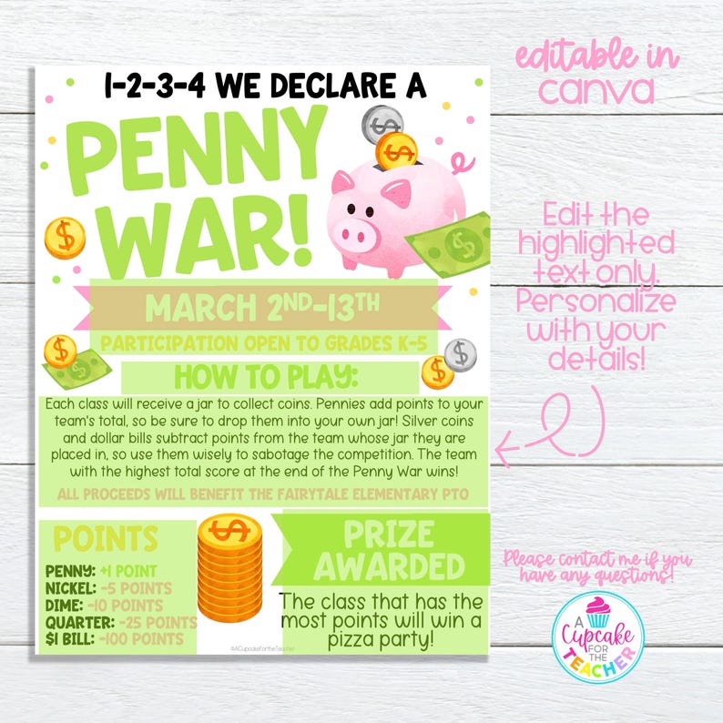 Editable Penny War Fundraiser Flyer Template | PTO PTA Coin Drive ...