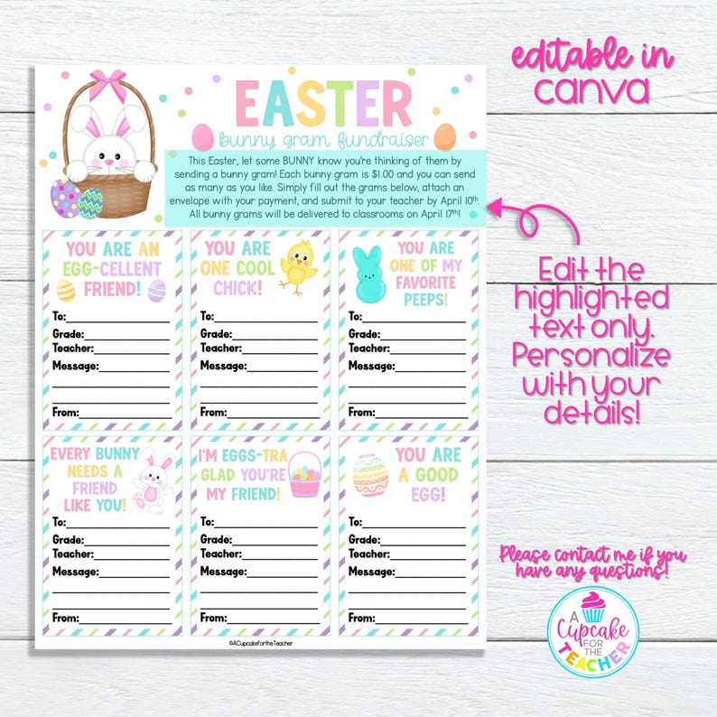 Easter Bunny Candy Gram Template | PTO School Candy Gram Fundraiser ...