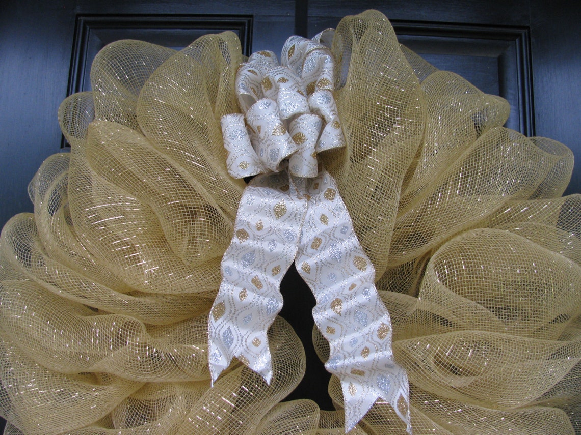 Gold Deco Mesh Christmas Wreath, Gold Deco Mesh Wreath, Christmas Deco ...