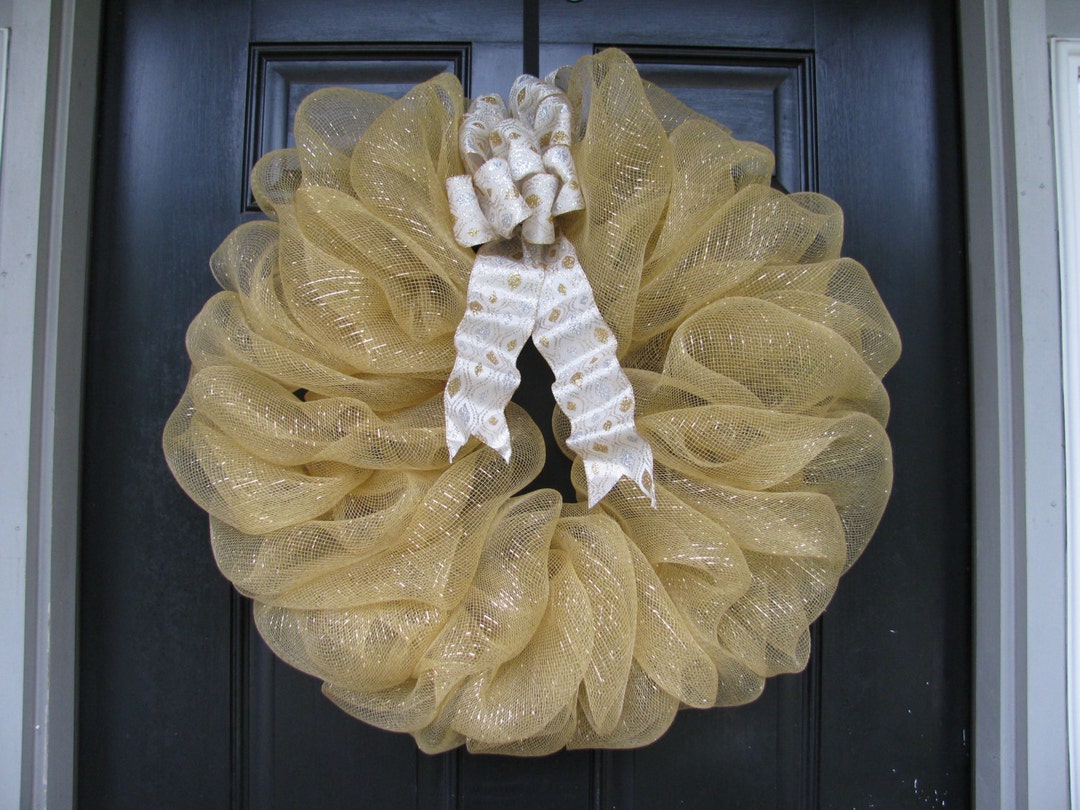 Gold Deco Mesh Christmas Wreath, Gold Deco Mesh Wreath, Christmas Deco ...
