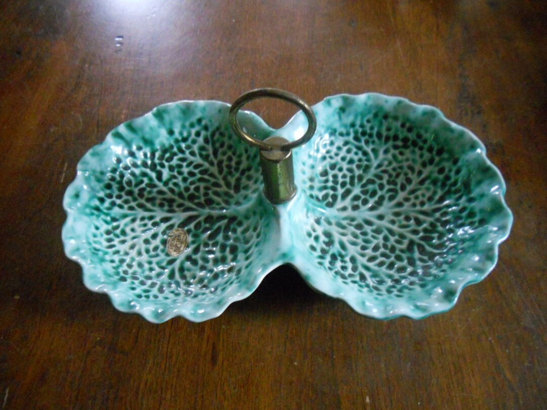 Vintage 1960s Stangl Green Leaf Dish Double Sided With Brass Handles ...