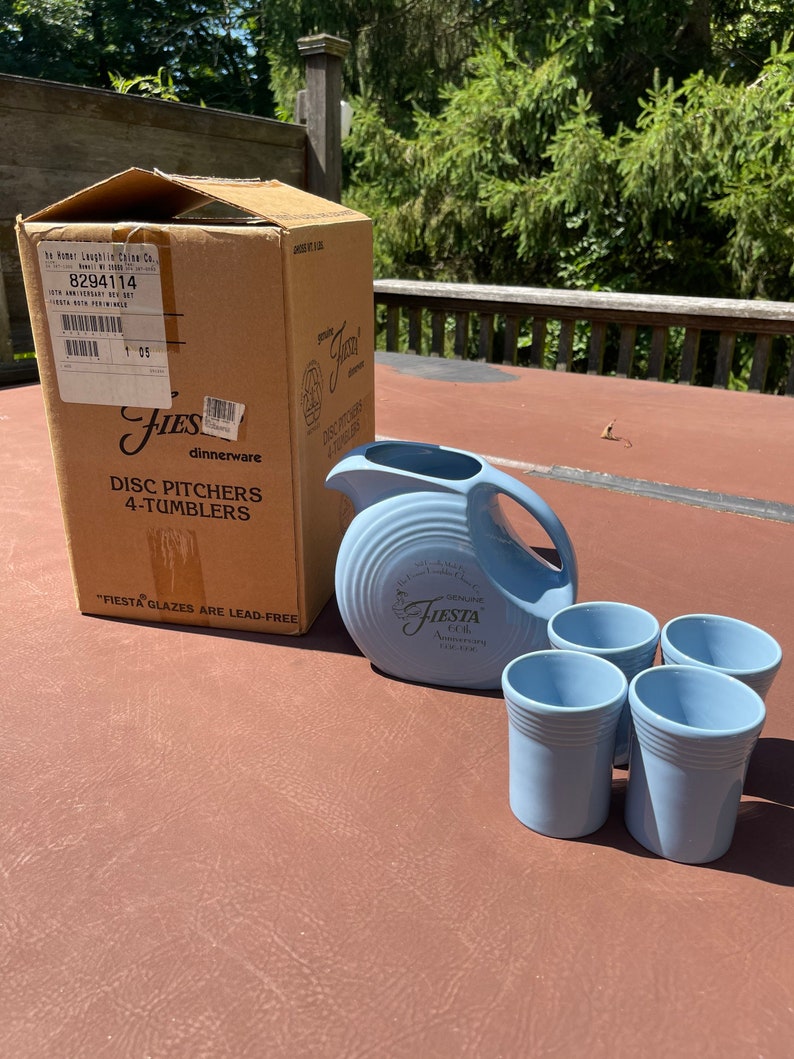 Vintage Fiesta 60th Anniversary Periwinkle Disc Pitcher and Four ...