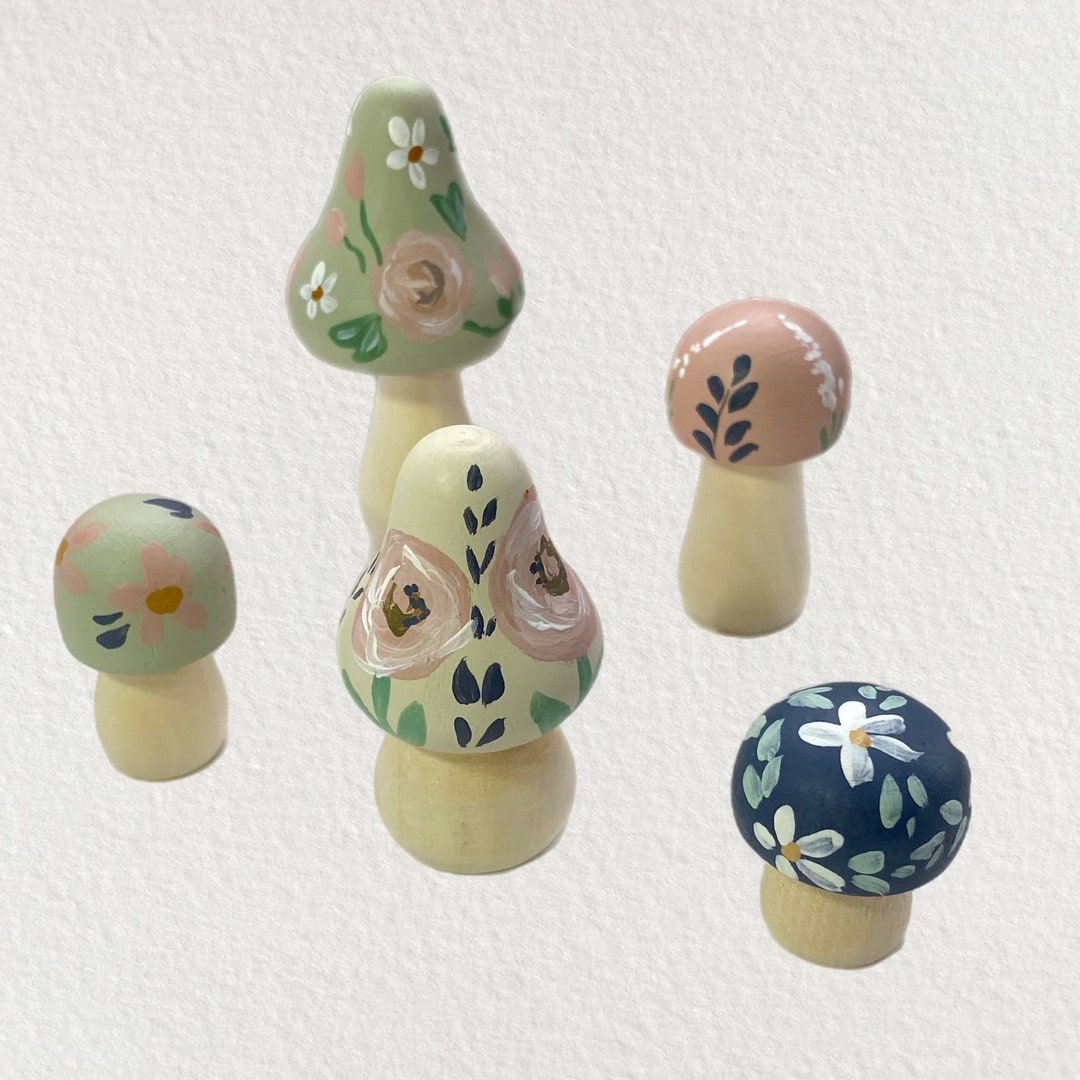 Hand Painted Small Wooden Toadstools, Set of 5, Floral, Fairy Decor ...