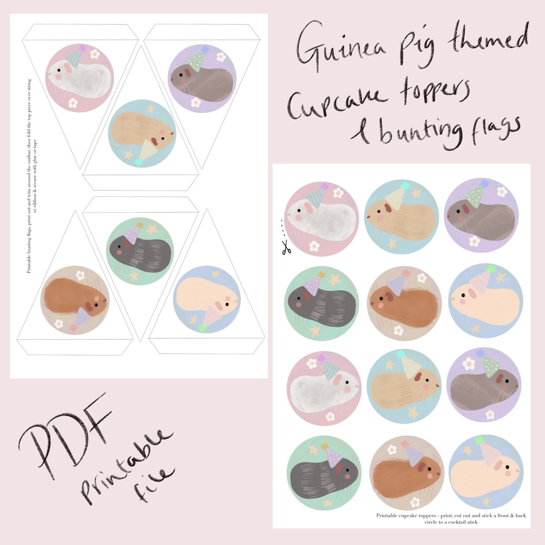 Printable PDF Guinea Pig Themed Cupcake Topper & Bunting Flags - Etsy