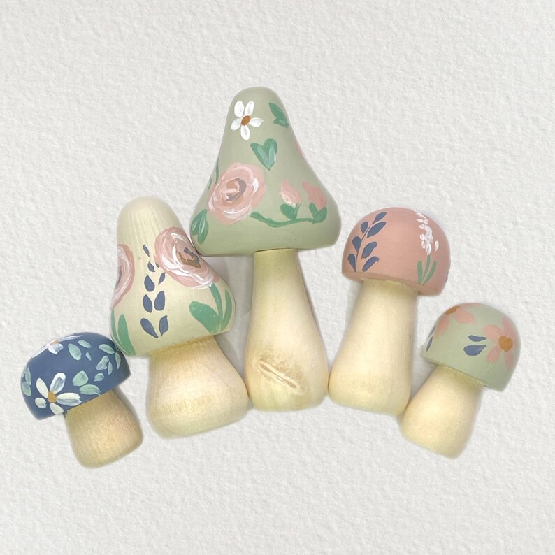 Hand Painted Small Wooden Toadstools, Set of 5, Floral, Fairy Decor, Mushroom Decor, Shelf ...