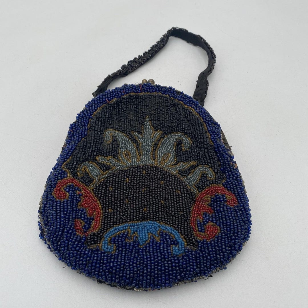 Antique Beaded Dresden Flapper Bag Art Deco Black Blue 1920's Handbag ...