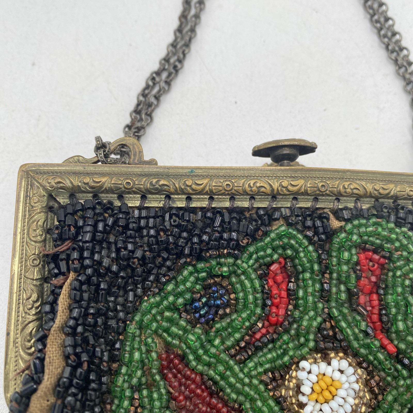 Antique 1920s Black Beaded Flapper Bag Art Deco Purse Metal Frame Chain ...