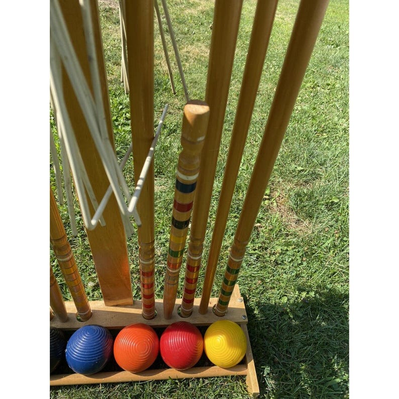 Vintage Sportcraft Croquet Wooden Stand Wood Stakes 8 Wickets Balls MCM ...