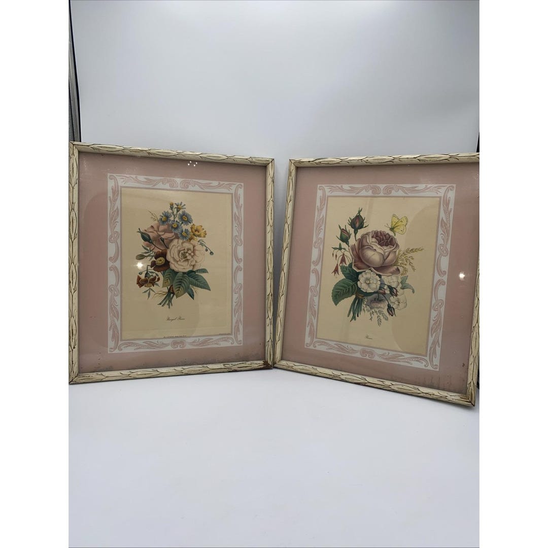 Shabby Chic Vintage French Rose Print Pink Wood Frames C Junceau Set 2 ...