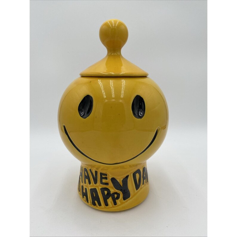 Mccoy Yellow Pottery Cookie Jar Smiley Face Have A Happy Day Retro 1970 ...