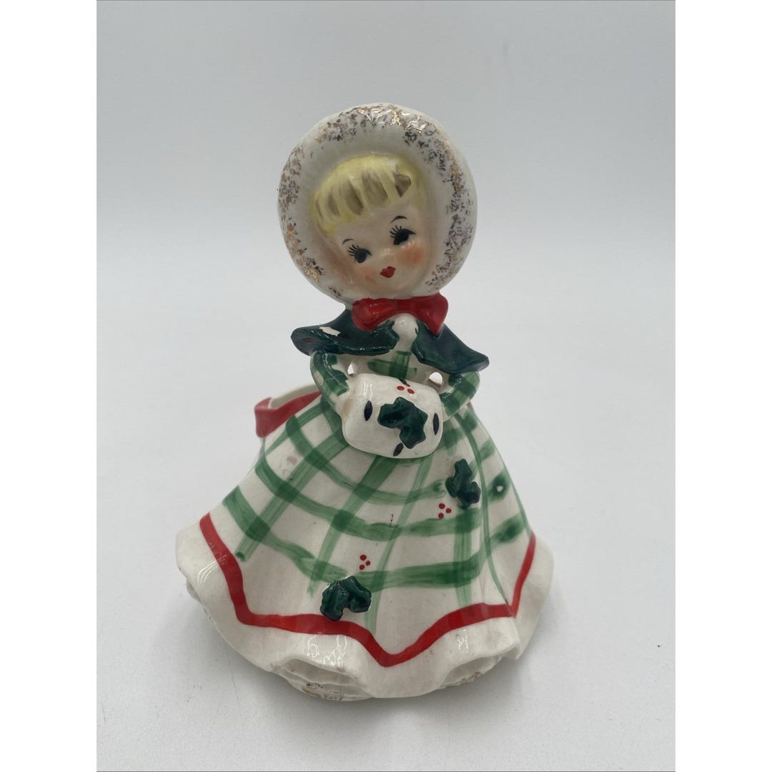 Vintage Geo Z Lefton Christmas Girl Planter 1957 # 166 Muff Plaid Dress ...