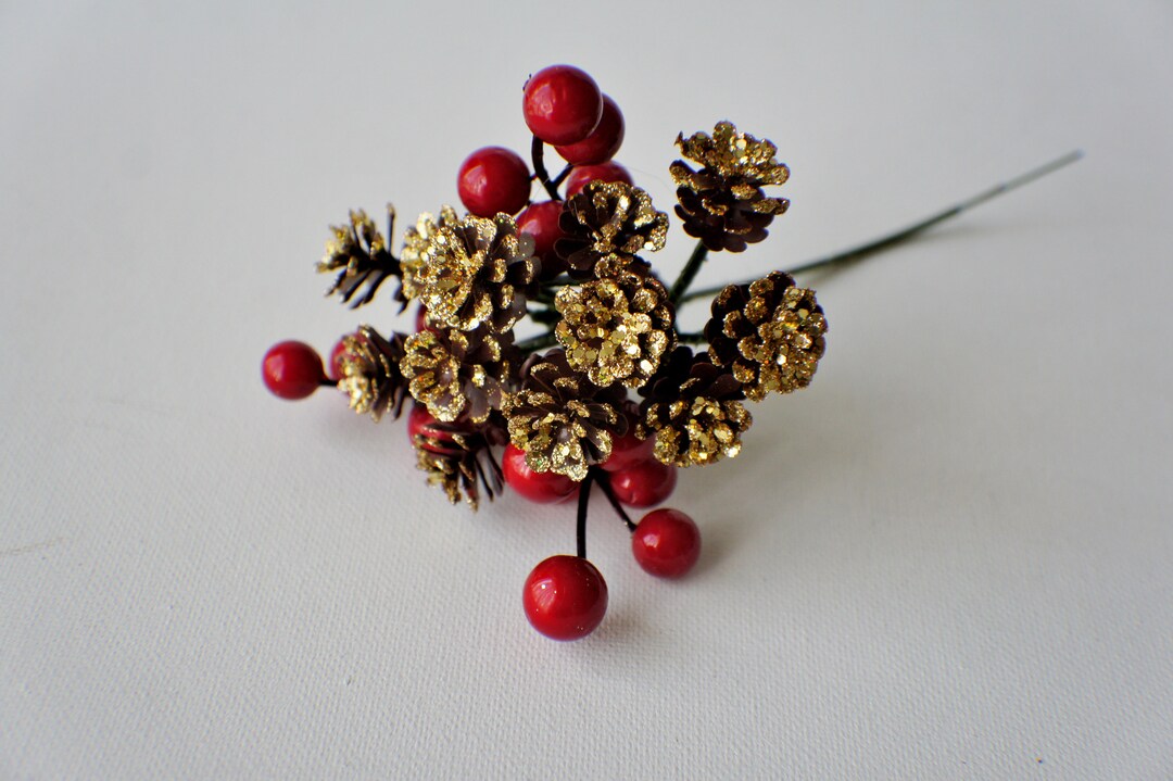 5 Glittered Berries and Pine Cone Pick, Berry Pick, Stem, Pick, Vase ...