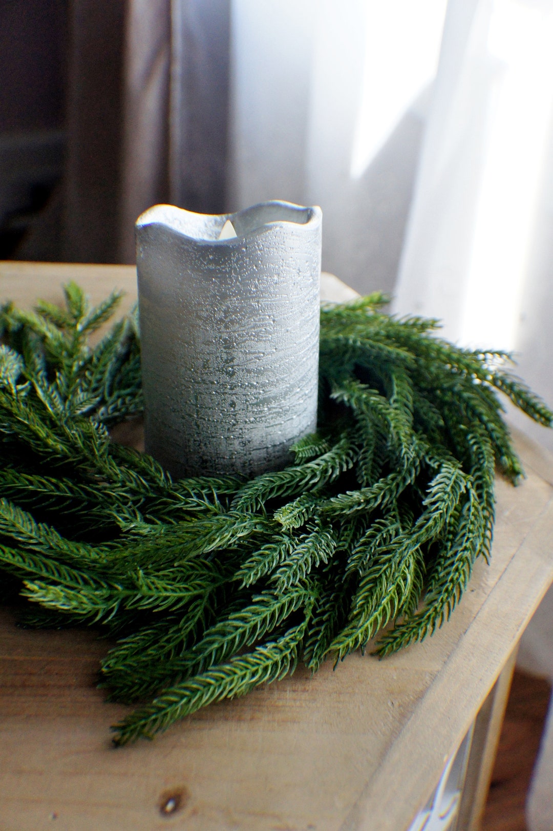 8" Norfolk Pine Fresh Touch Pine Wreath Candle Ring, Evergreen Floral ...