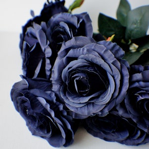 9 Navy Blue Roses Bunch, Dark Blue Silk Artificial Flowers, DIY Wedding ...
