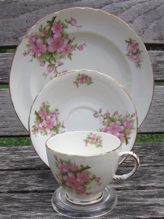 Items similar to Sutherland China “Peach Blossom” Tea Cup Trio Set on Etsy