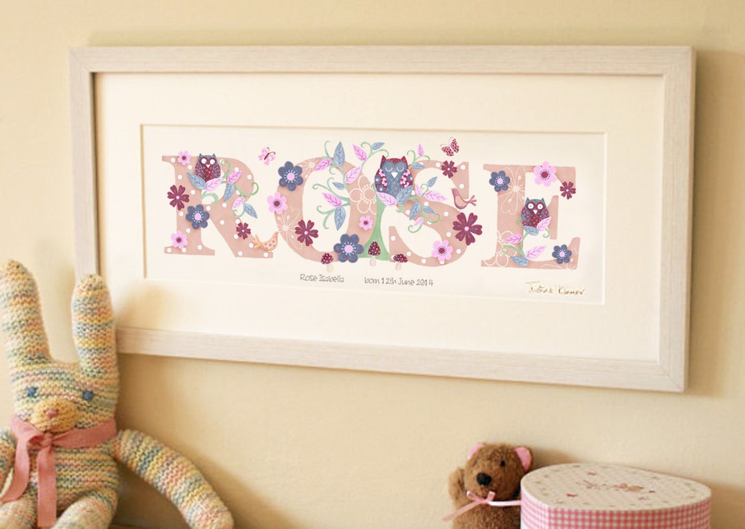 Owl Name Illustration Print Childrens Kids New Baby Shower Illustrated ...