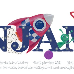 Space Name Illustration Print Rocket Spaceman Children Kids New Baby ...