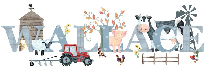 Farmyard Name Illustration Print Childrens Kids Baby Nursery Decor Wall ...