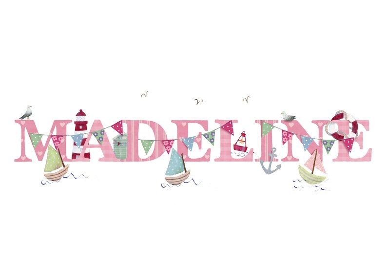 Seaside Name Illustration Print Children Kids Sailing Beach Hut ...